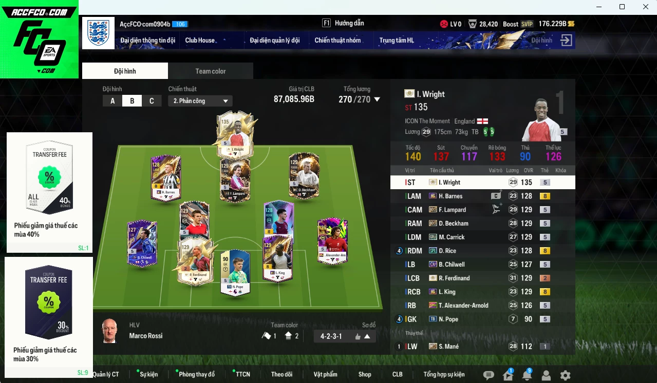 Acc #84968: [ACC Rẻ🔥] Team Anh 87.080b đầu tàu Wright ITM+5 vs Rio ITM+2, Lampard BDO, Beckham ...